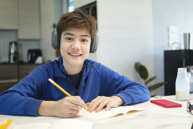 Student Boy with Tablet Computer Learning at Home. Stock Image - Image ...