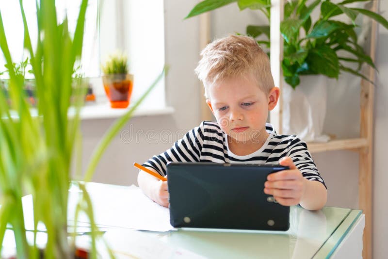 Distance Learning Online Education, Boy and Girl Studying at Home with ...