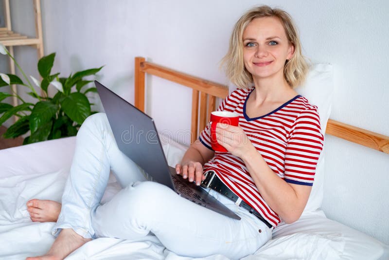 Distance Learning Online Education and Work.Happy Woman Girl Working ...