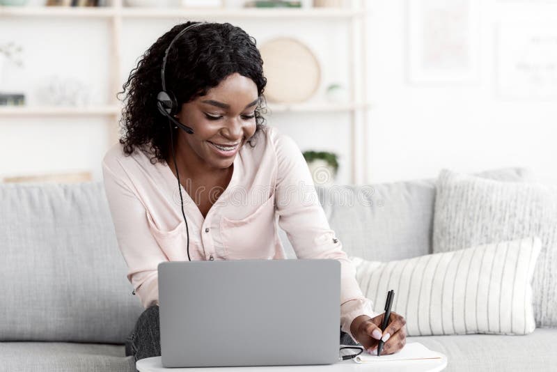 Distance Learning Positive Black Woman Studying Laptop Headset Home ...