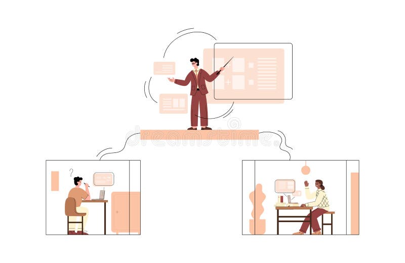 Distance Learning Students Studying Remotely, Flat Vector Illustration ...