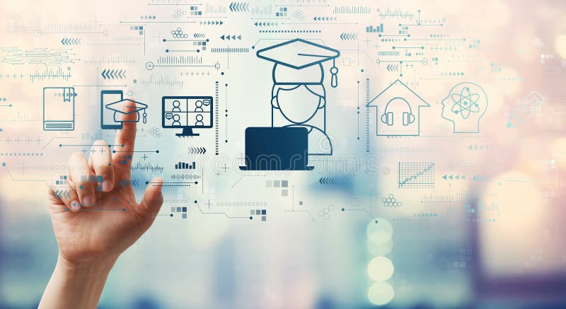 Distance Learning Theme with Hand Pressing a Button Stock Image - Image ...