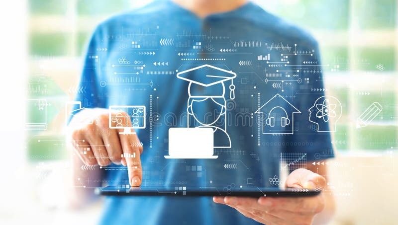 Distance Learning Theme with Man Using a Tablet Stock Photo - Image of ...