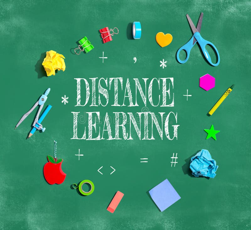 Distance Learning Theme with School Supplies on a Chalkboard Stock ...