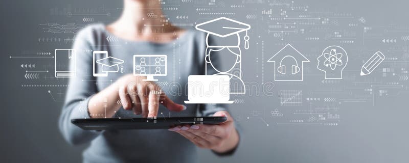 Distance Learning Theme with Woman Using a Tablet Stock Photo - Image ...