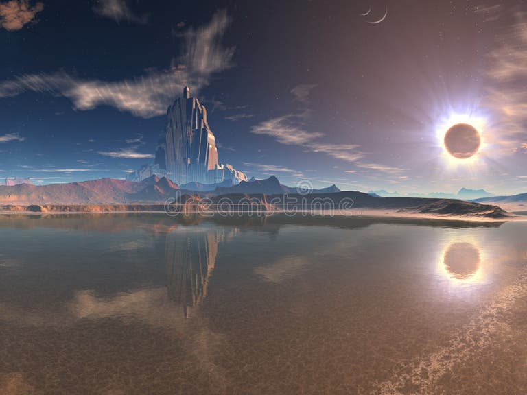 Distant Alien City at Lunar Eclipse Stock Illustration - Illustration ...