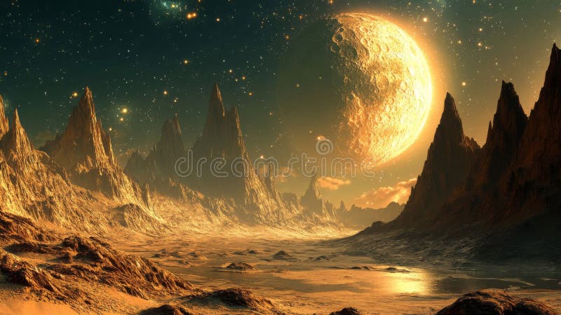 A Distant, Alien Landscape with a Large, Glowing Moon and Starry Sky ...