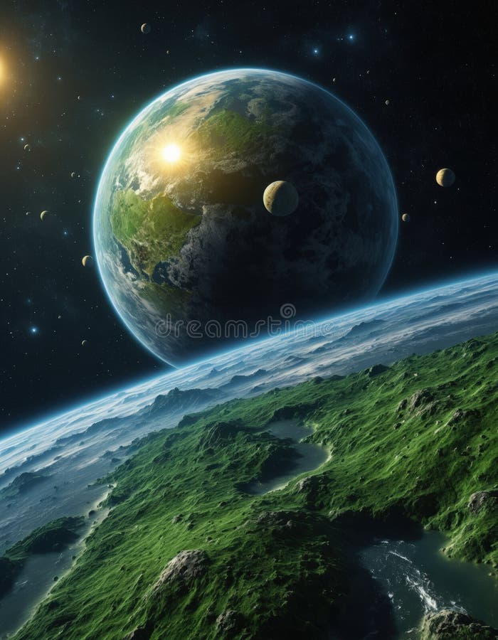 Distant Earth-Like Exoplanet with Moons and Atmosphere. Space ...