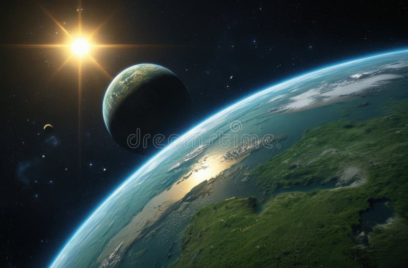 Distant Earth-Like Exoplanet with Moons and Atmosphere. Space ...