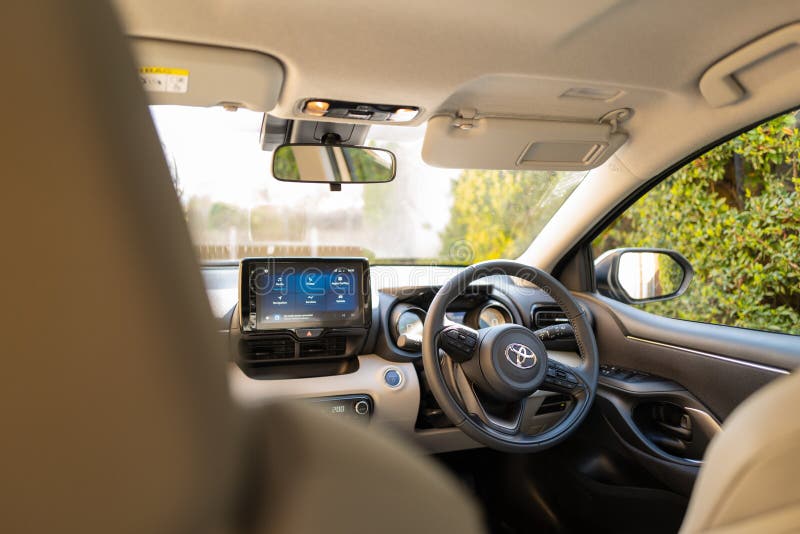 Distant Focus of a Modern Hybrid Technology Car Interior Showing the ...