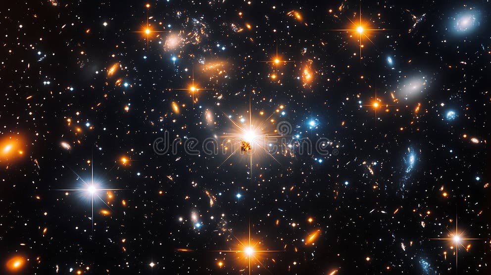 Deep Space Galaxy Cluster with Distant Galaxies and Bright Stars in the ...