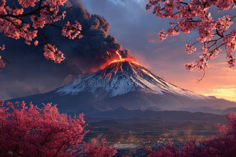 Distant Iconic View of Mount Fuji with Cherry Blossoms and Volcanic ...