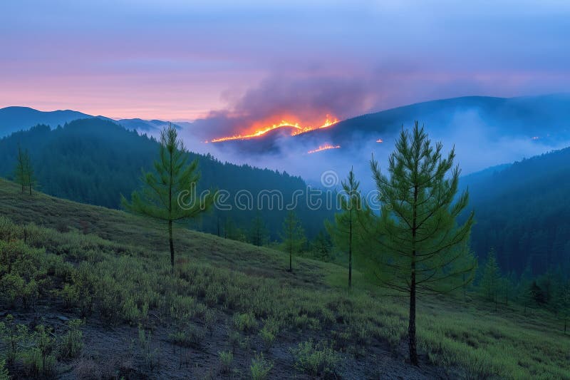 Distant Large Forest Fire in the Mountains Stock Illustration ...