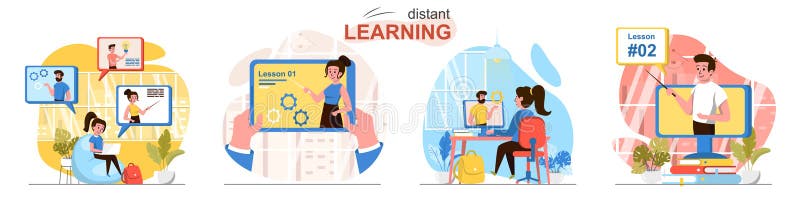 Distant Learning Concept Scenes Set. Pupils and Students Watch Lessons ...