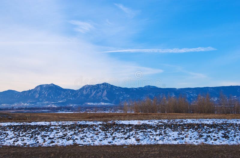 Distant Mountains, Snowbank and Trees Stock Image - Image of prairie ...
