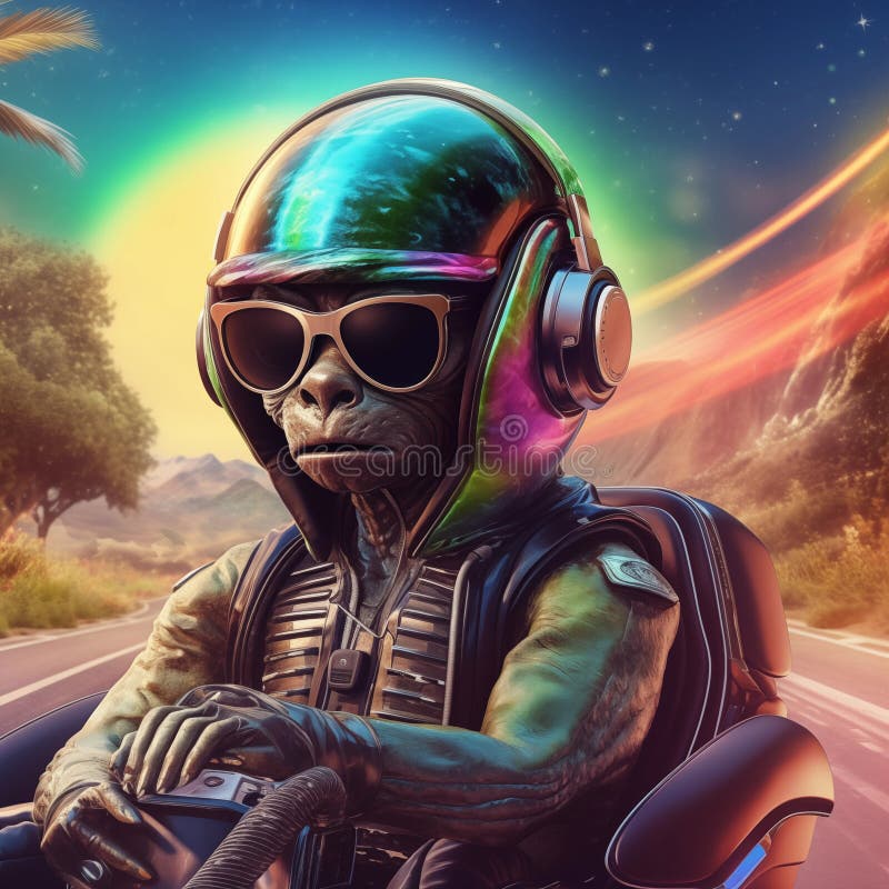 Alien on a Rainbow-arc on a Motorcycle Stock Illustration ...