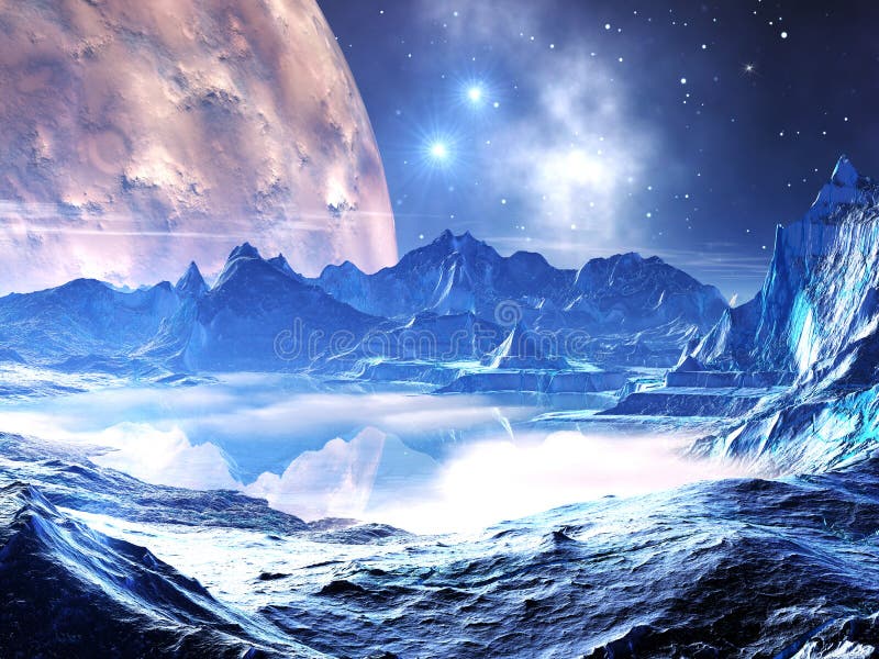 Winter Alien Landscape with Damaged Moon in Orbit Stock Illustration ...