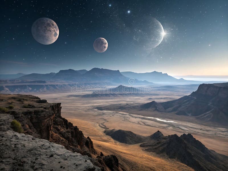 A Distant Planet Landscape with Two Moons in the Sky Stock Image ...