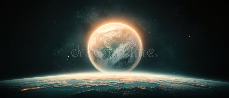 Distant Planet Rises Above Horizon. Outer Space Background with Many ...