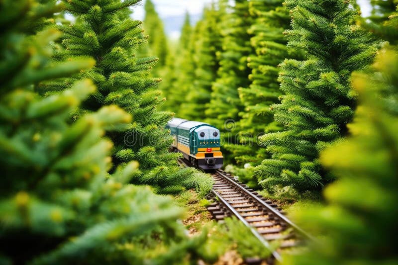 Distant Shot of a Model Train Amongst Miniature Pine Trees Stock Photo ...