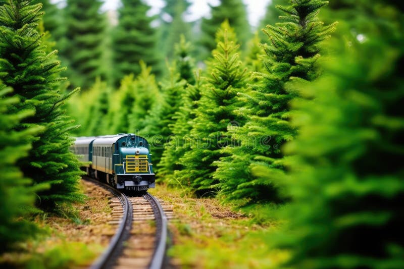 Distant Shot of a Model Train Amongst Miniature Pine Trees Stock Photo ...