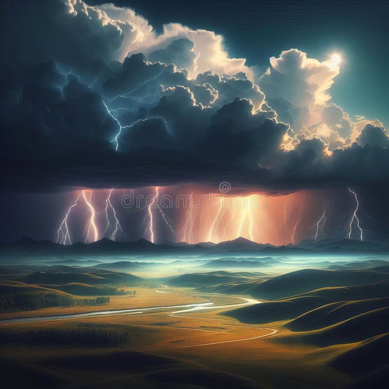 Distant Thunderstorm Over a Flat Landscape Flashes of Lightning Stock ...