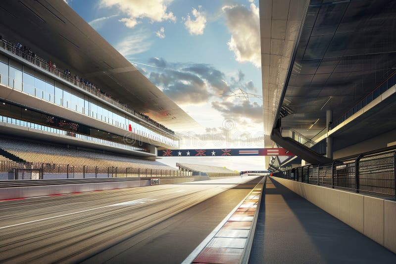 A Distant View Capturing the Race Track with Pit Lane and Grandstands ...