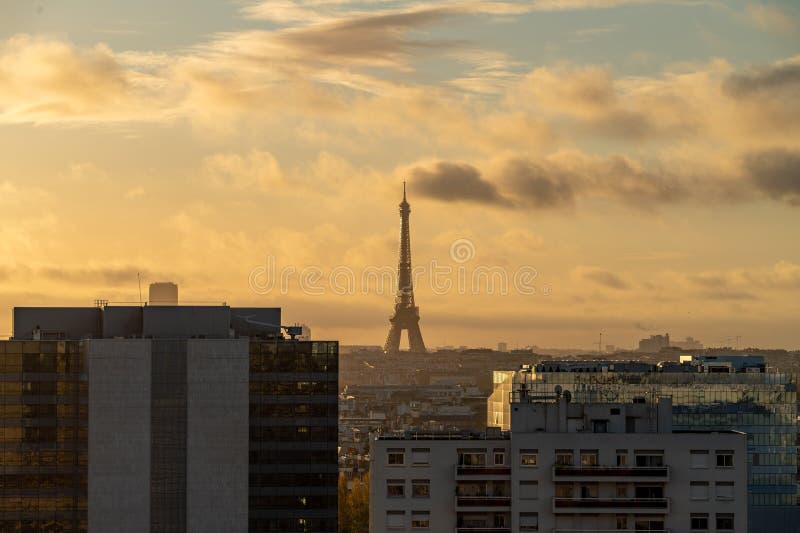Distant View of Eiffel Tower in Morning Golden Hour in Paris Morning ...