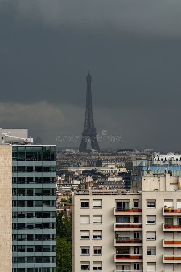 Distant View of Eiffel Tower in Storm Rainy Weather with Downpour Paris ...