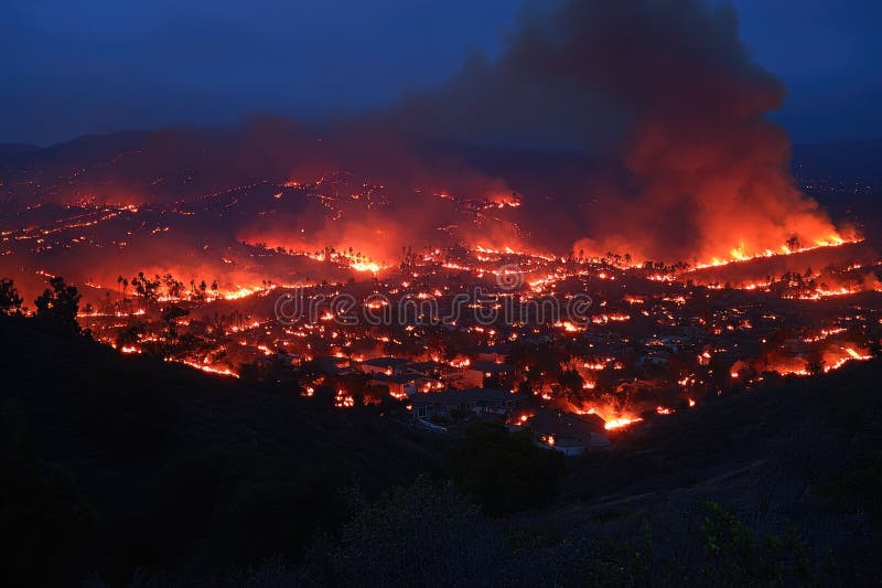 Distant View Fire Burning Night Dark Background Warm Lighting Stock ...