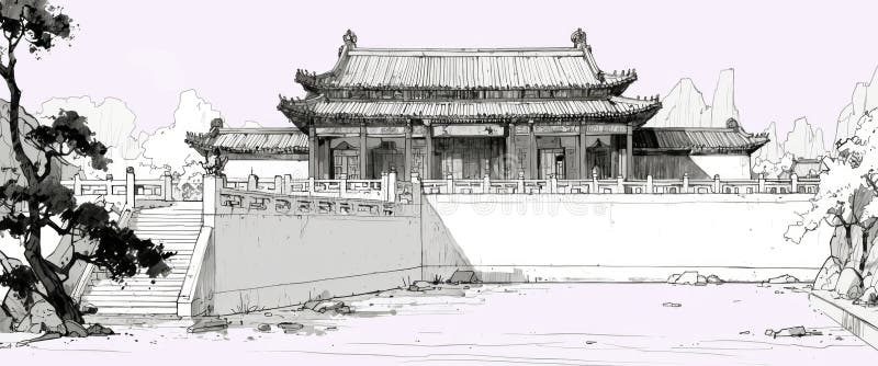 Distant View Illustration of Chinese Palace 4. Stock Photo - Image of ...