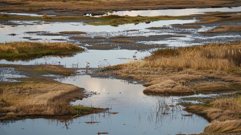 Distant View of Multiple Small Water Puddles on a Plain. Generative AI ...