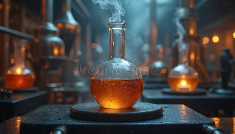 Distillation Process in Lab Setting. Steam Rises from Flask with Orange ...