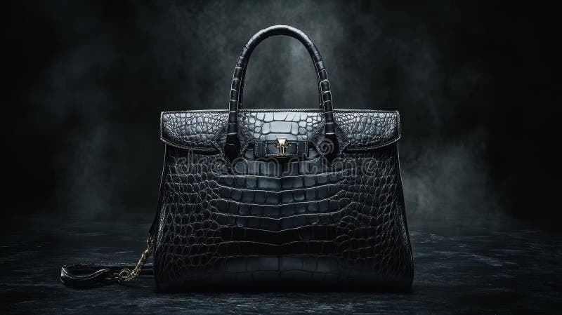 Distinctive Luxurious Black Leather Handbag Displayed Against a Shadowy ...