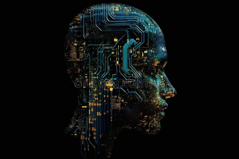 AI Entity Portrait: Human-Head Computer Chip, Neural Connections ...
