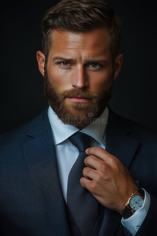 A Distinguished Gentleman in a Tailored Suit Adjusting His Tie in a ...