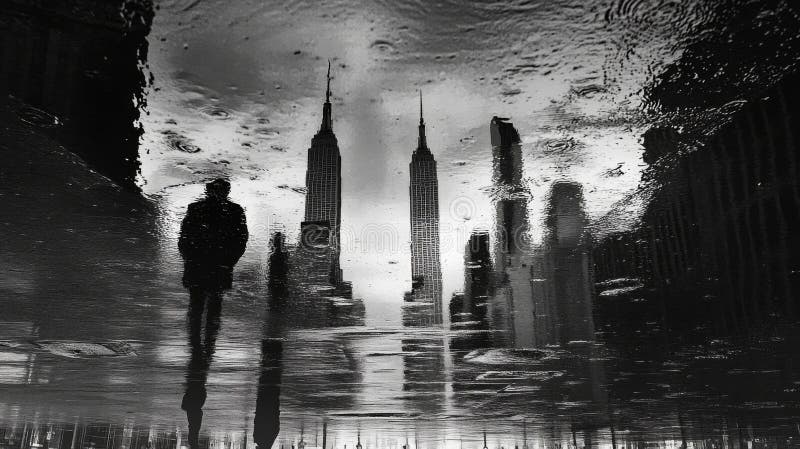 Distorted Cityscape Reflection in Rain-Soaked Street Stock Illustration ...
