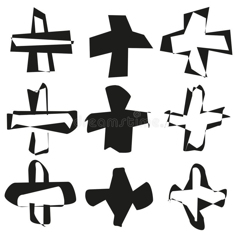 Distorted Cross Icon. Dynamic Plus Set. Brushstroke Forms Vector ...