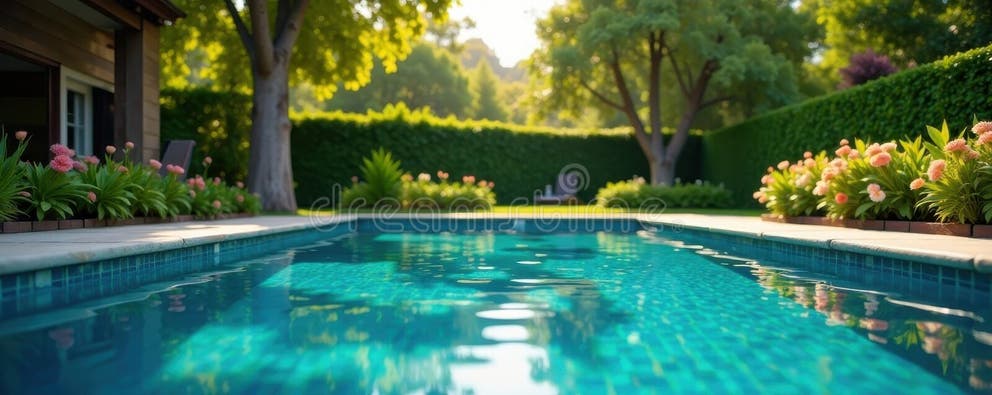 Distorted Garden View, Rippling Pool Water Surface, Stems, Texture ...