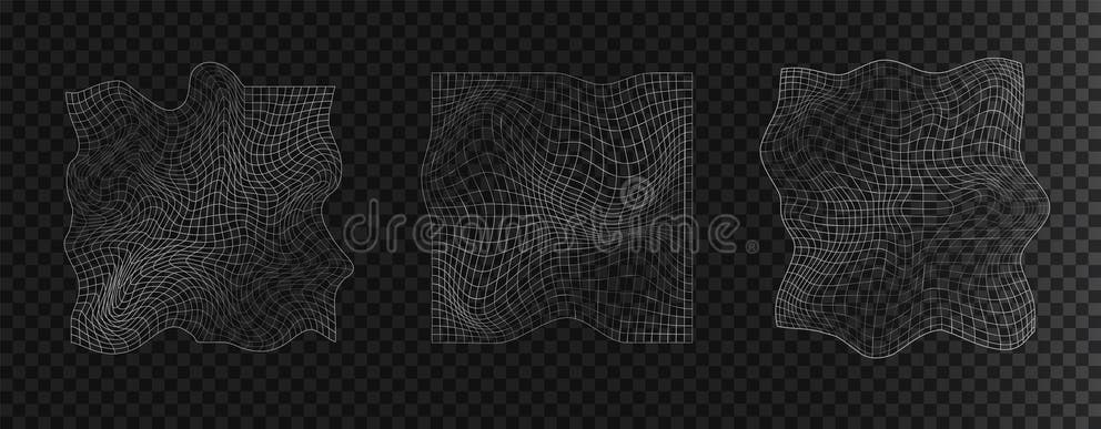 Distorted Grid Shapes Isolated. Retro Futuristic Warped Mesh Grid. Curved Mesh Abstract Elements ...