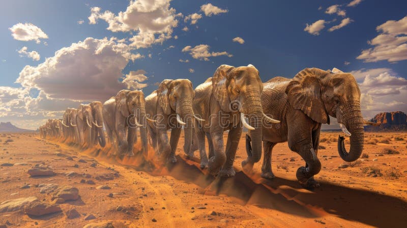 A Distorted Image of a Parade of Elephants Marching through the Desert ...