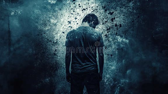 Distorted Man Silhouette Against Dark Blue Pixelated Background Stock ...