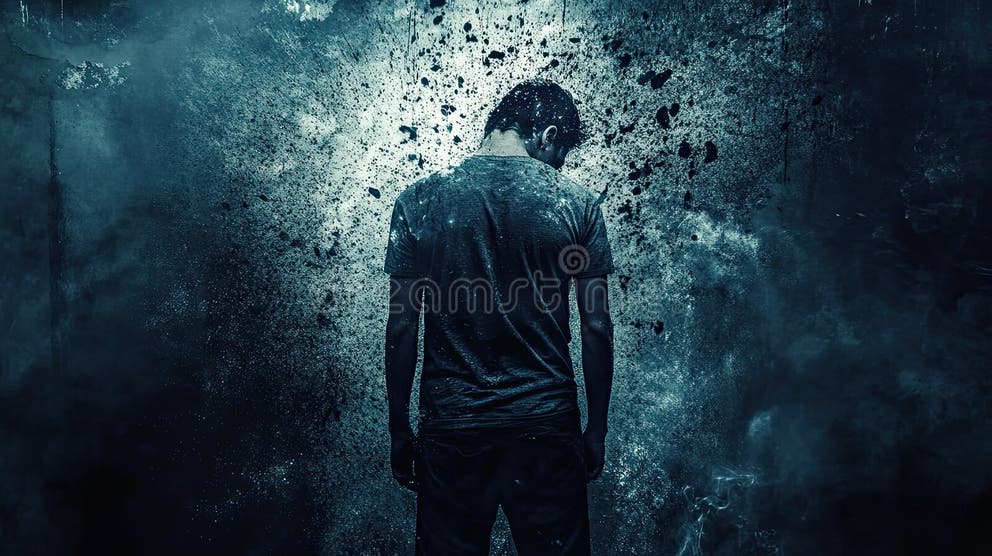 Distorted Man Silhouette Against Dark Blue Pixelated Background Stock ...