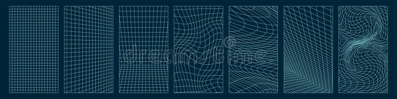 Distorted and Perspective Neon Grid Vertical Backgrounds Set. Abstract ...