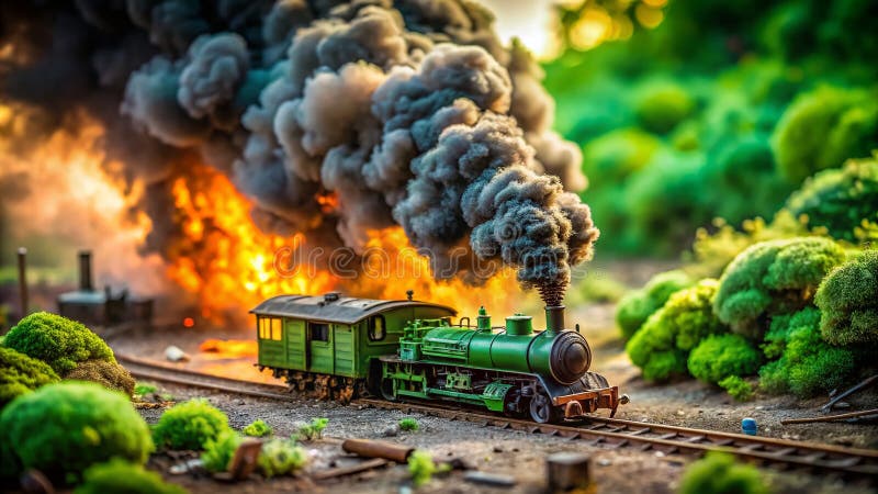 Distorted Perspective of a Train Disaster Toxic Green Smoke Clouds in a ...