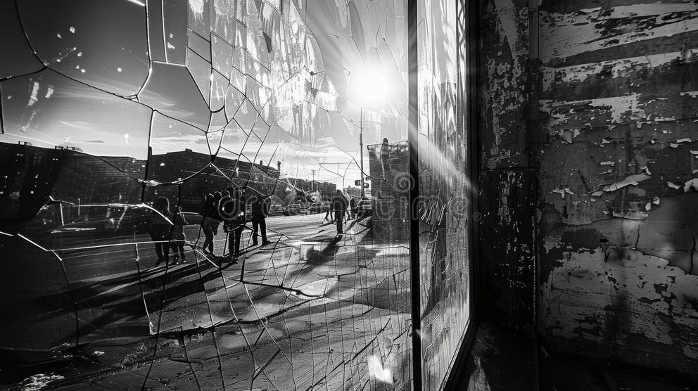 The Distorted Reflection of a Crowded Sidewalk in the Cracked Windows ...