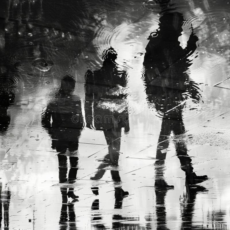 The Distorted Reflection of a Group of Friends Walking in a Rainsoaked ...