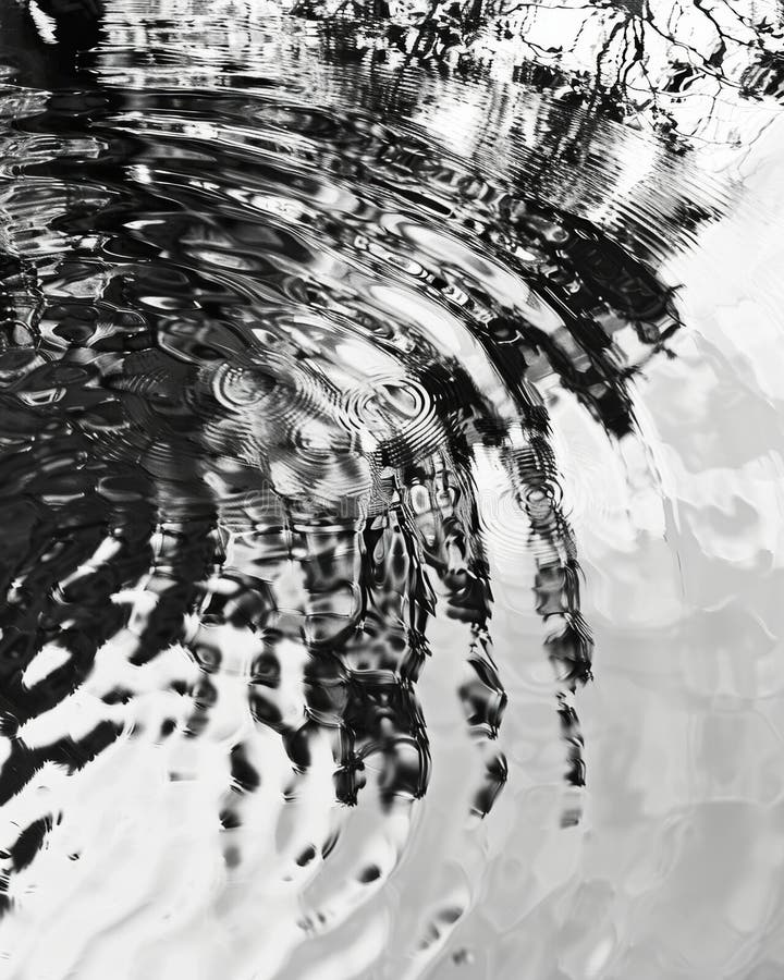 Distorted Reflections Bending in a Pool of Rippling Water. Black and ...