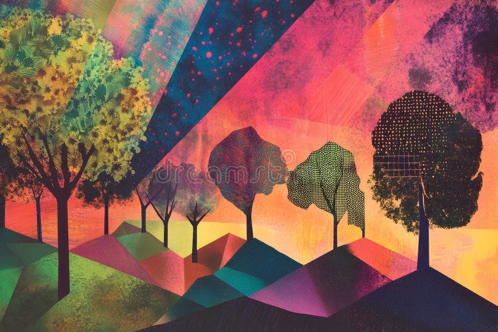 A Distorted Risograph Landscape Where Trees Blend into Geometric Shapes ...