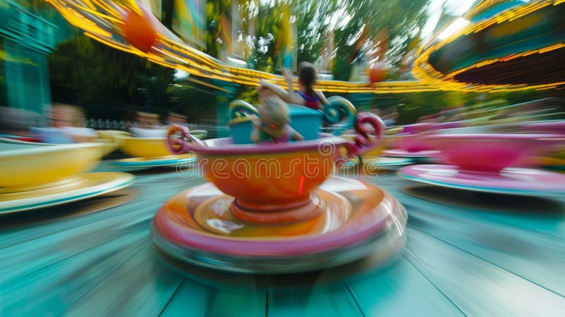 A Distorted View of Dizzying Fun on the Spinning Teacup Ride Stock ...